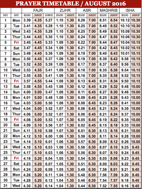 Camberley Mosque Prayer Timetable